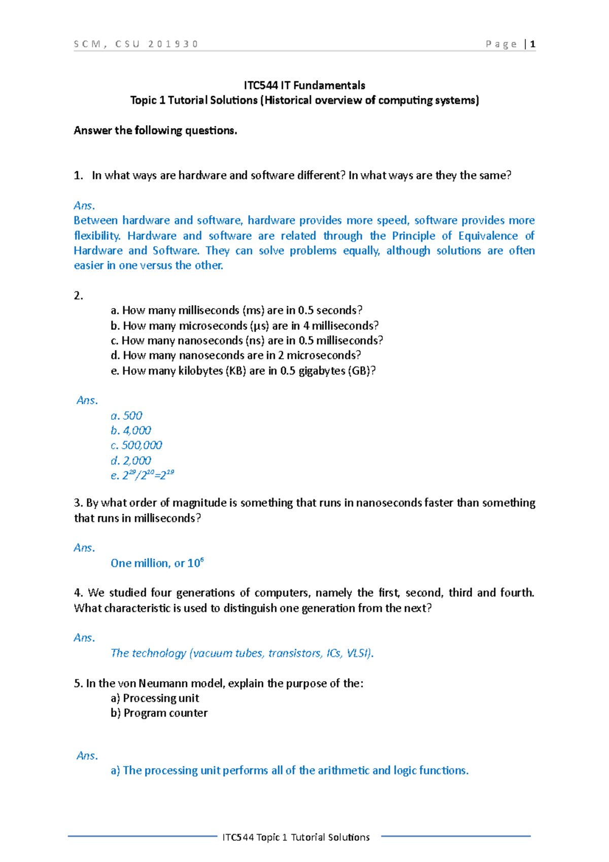 Topic 1 Tutorial Solutions - ITC544 IT Fundamentals Topic 1 Tutorial ...