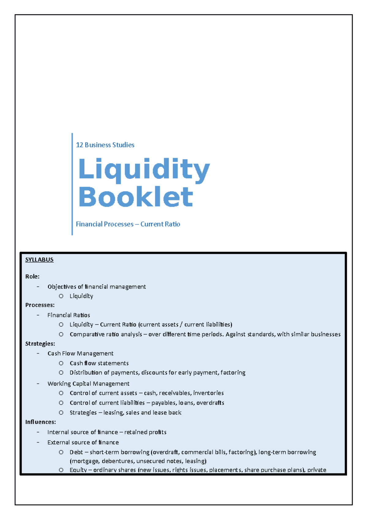 Liquidity Booklet - ####### SYLLABUS Role: Objectives of financial ...
