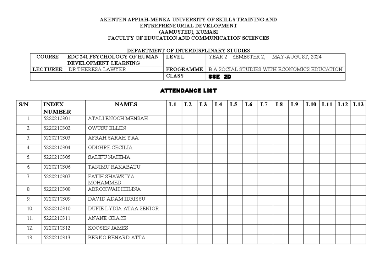 SSE 2D Class Attendance LIST - AKENTEN APPIAH-MENKA UNIVERSITY OF ...