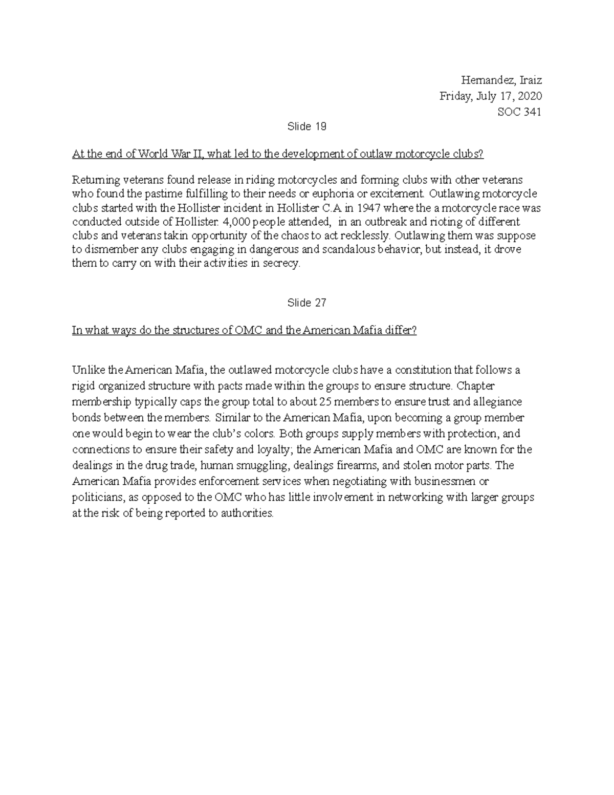 Discussion July 17-SOC 341 - Hernandez, Iraiz Friday, July 17, 2020 SOC ...
