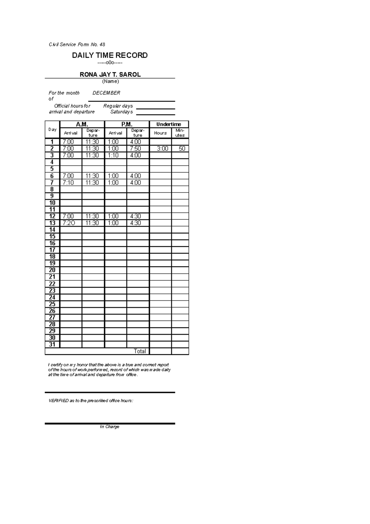 DTR2 - Field Study - Civil Service Form No. 48 DAILY TIME RECORD -o0o ...