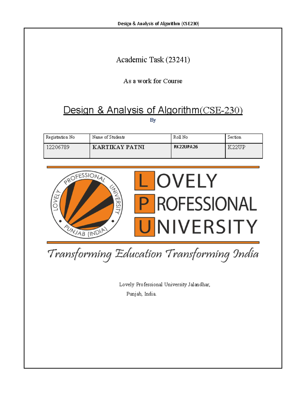 12206757 DAA CA3 - Design & Analysis of Algorithm (CSE230) Academic Task (23241) As a work for ...