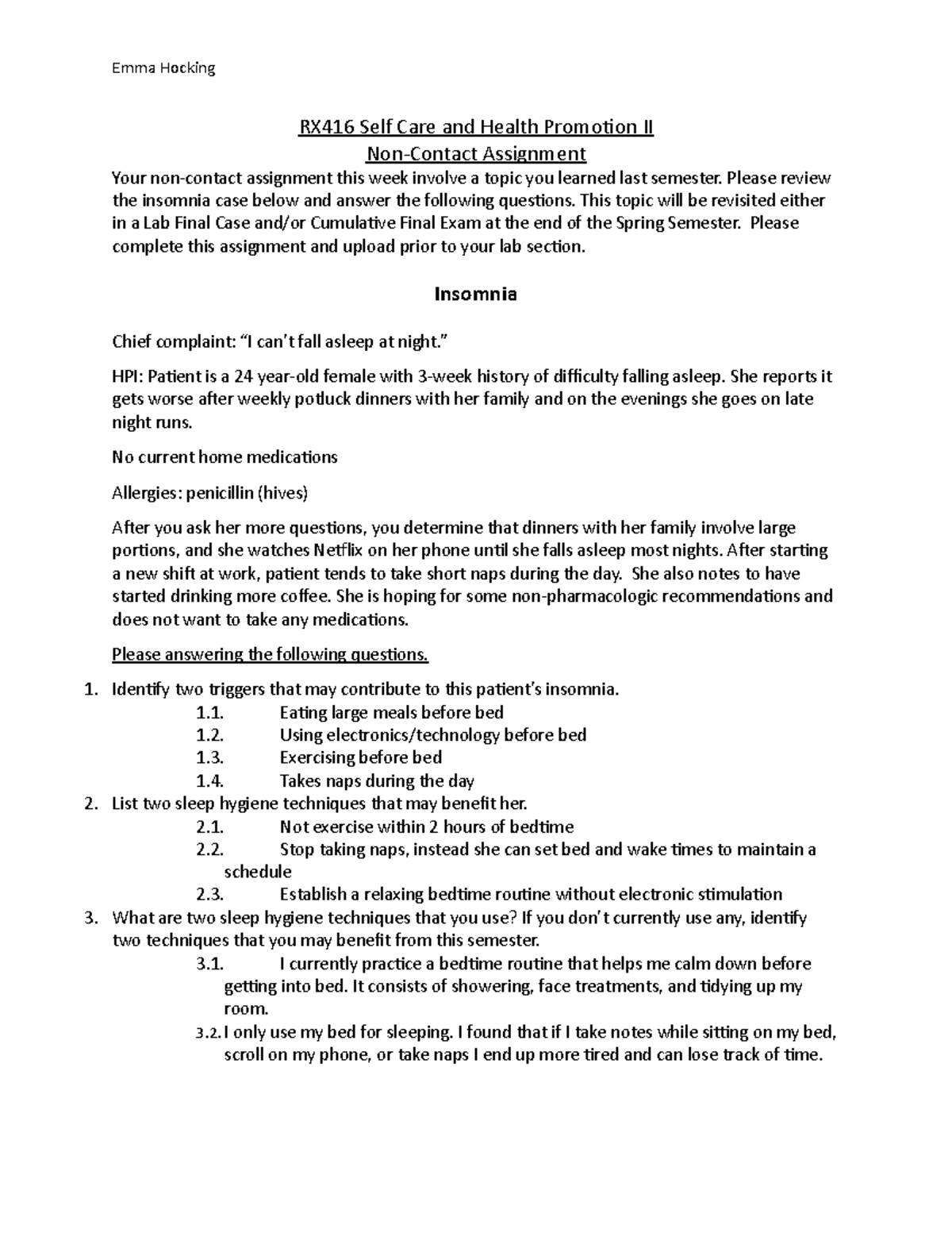 Insomnia Non-Contact Activity - Emma Hocking RX416 Self Care and Health ...