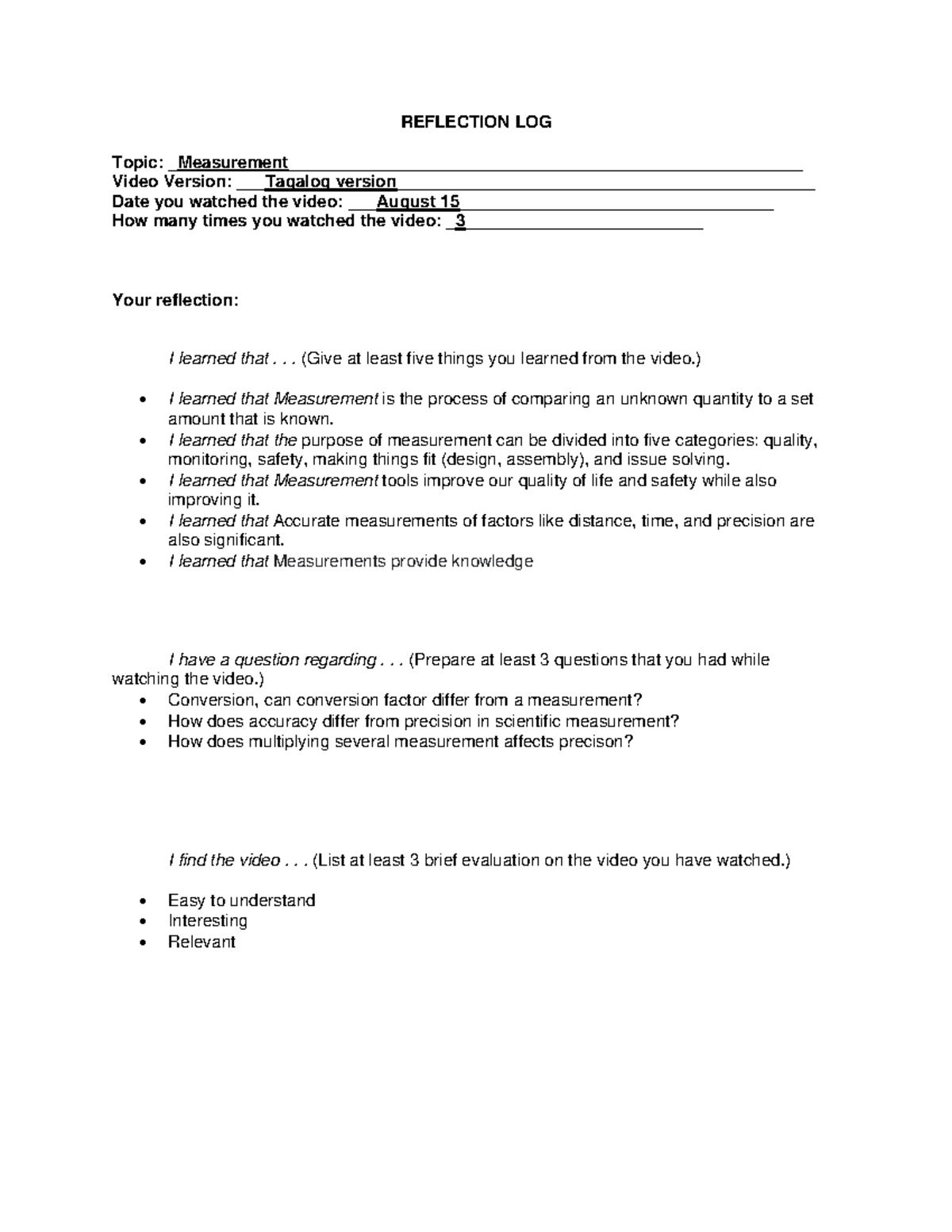 Reflection LOG - none - REFLECTION LOG Topic: - Studocu