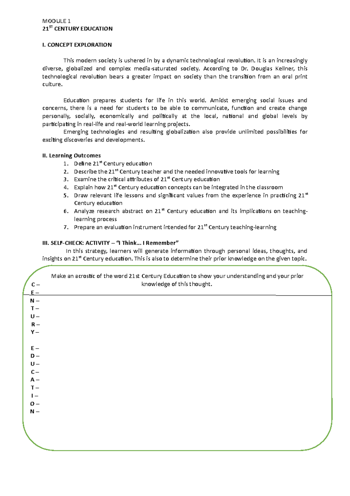 Module-1 - module - MODULE 1 21 ST CENTURY EDUCATION I. CONCEPT ...
