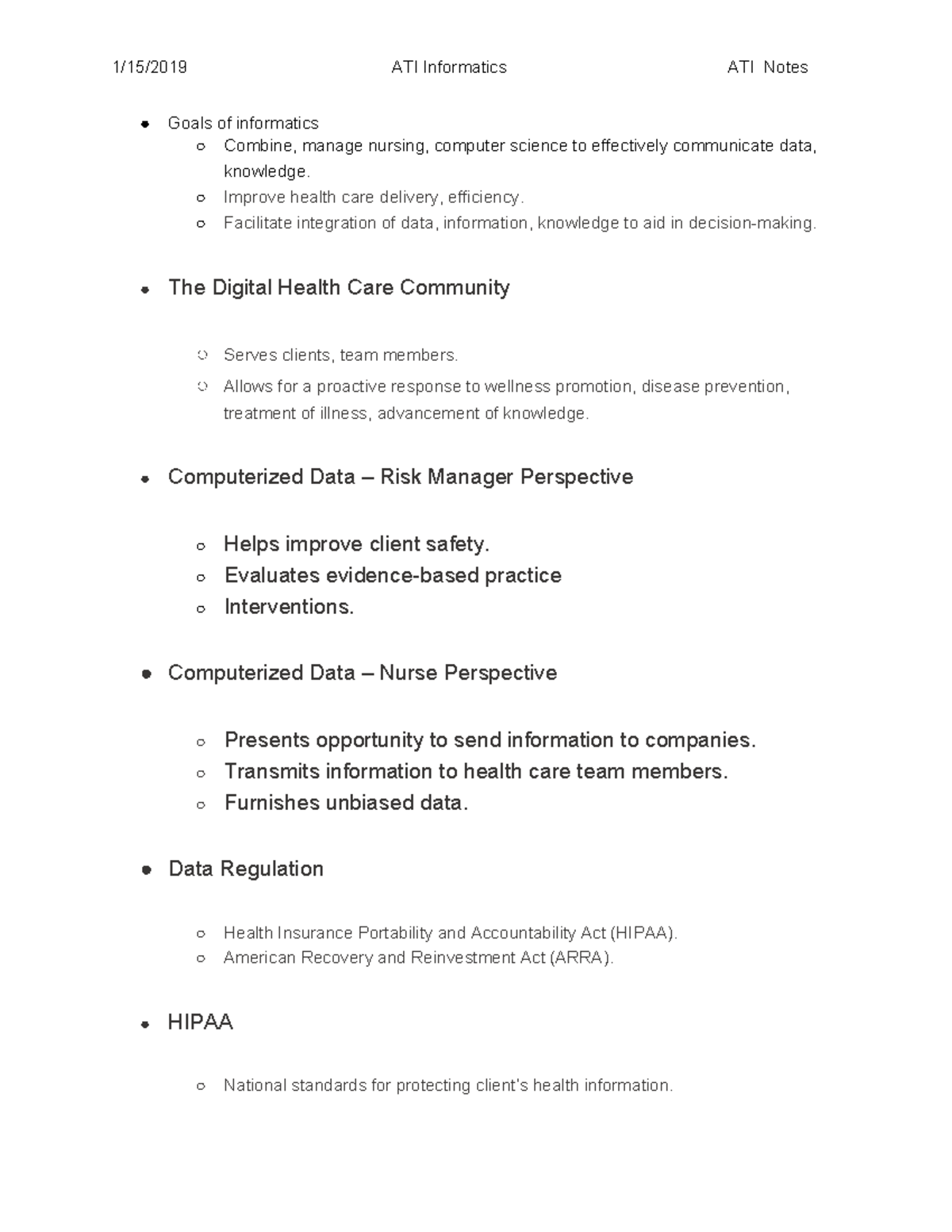 ATI Informatics Notes - ATI Informatics ATI Notes Goals of informatics ...