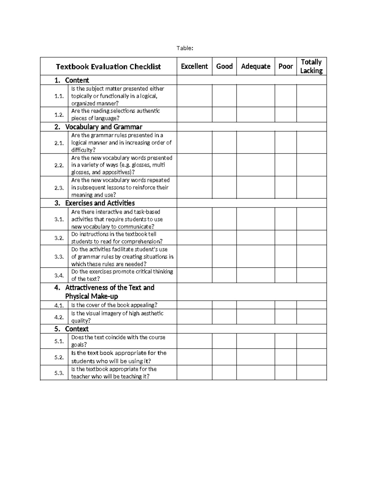 Textbook Evaluation Checklist Table - Table: Textbook Evaluation ...