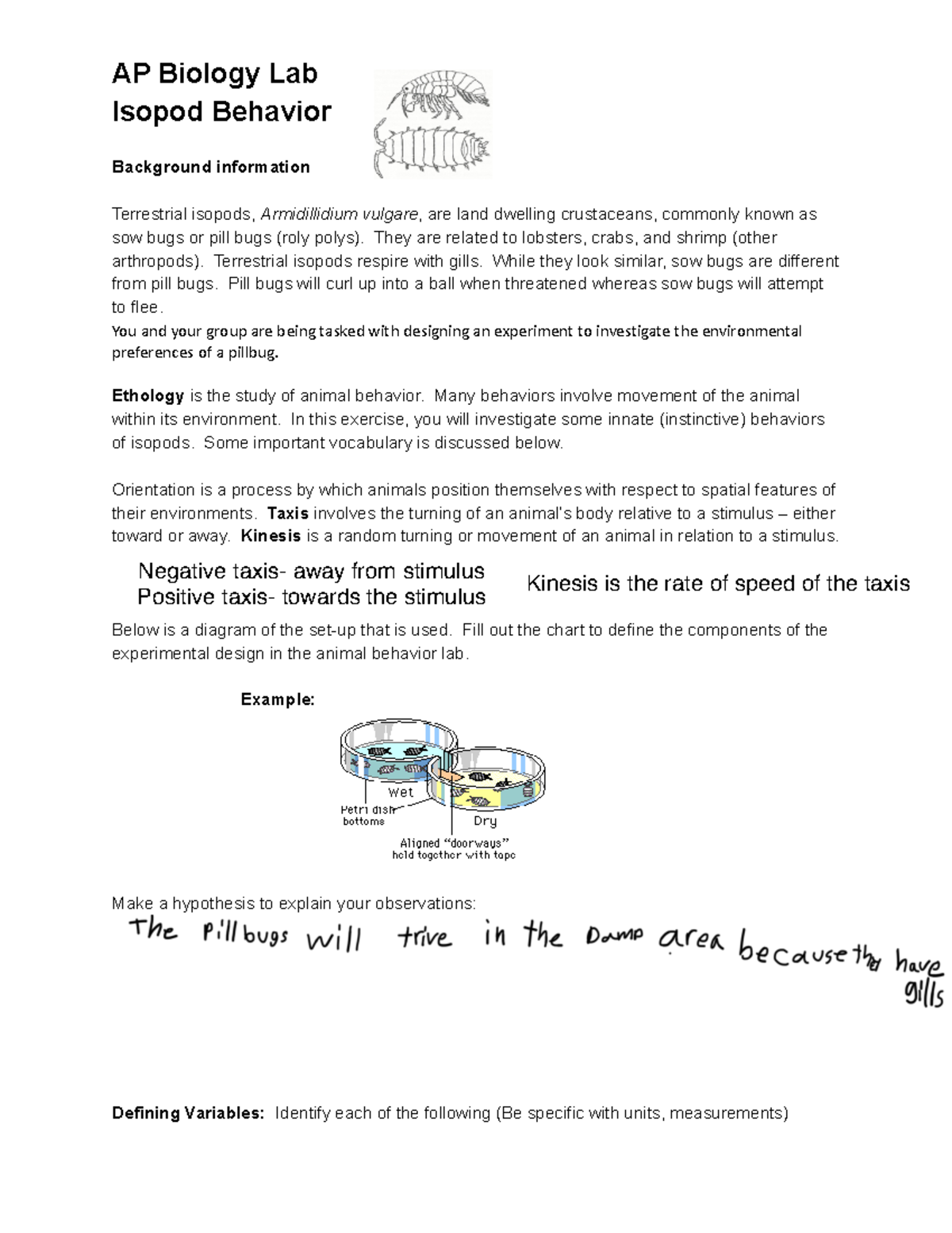 Pill Bug Animal Behavior Lab - 22-23 - AP Biology Lab Isopod Behavior ...