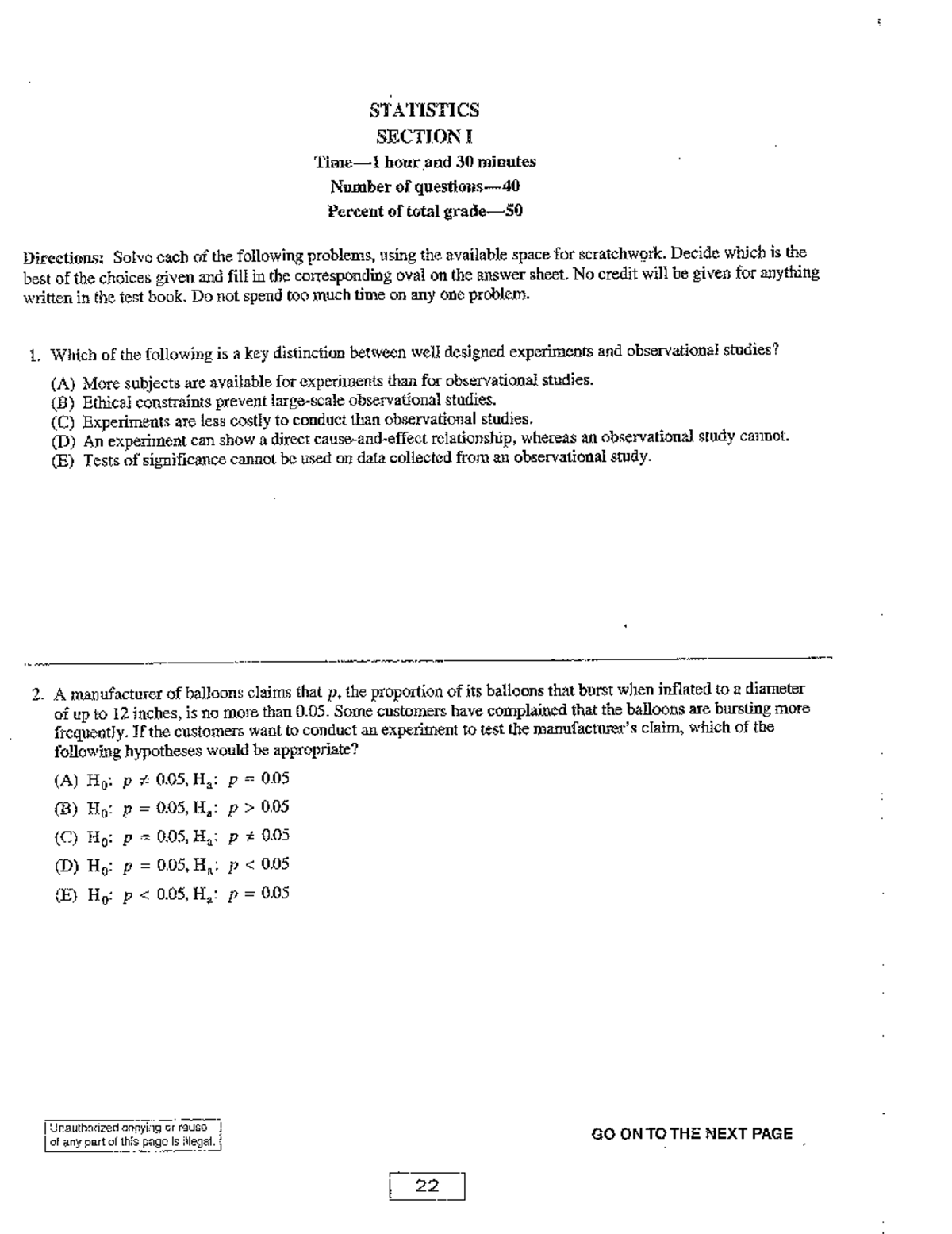 2002 MC Exam 2022 - asdasf - STATISTICS SECTION I Time-1 hour and 30 ...