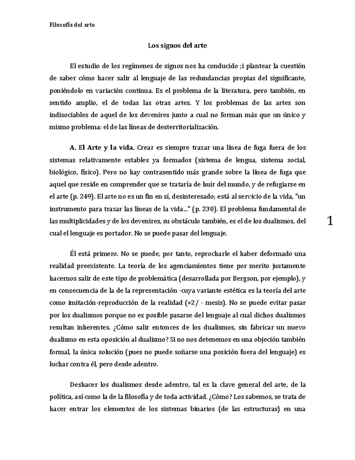 Filosofía del Arte - Los signos del arte - 1 Los signos del arte El ...