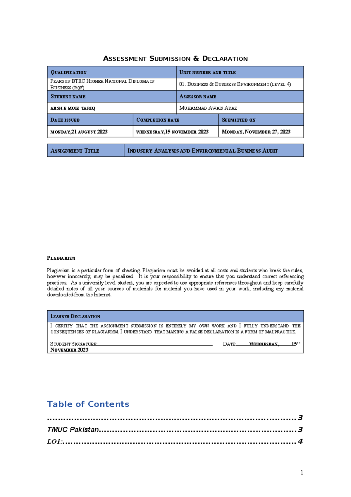 BBE 1 - ASSESSMENT SUBMISSION & DECLARATION QUALIFICATION UNIT NUMBER ...