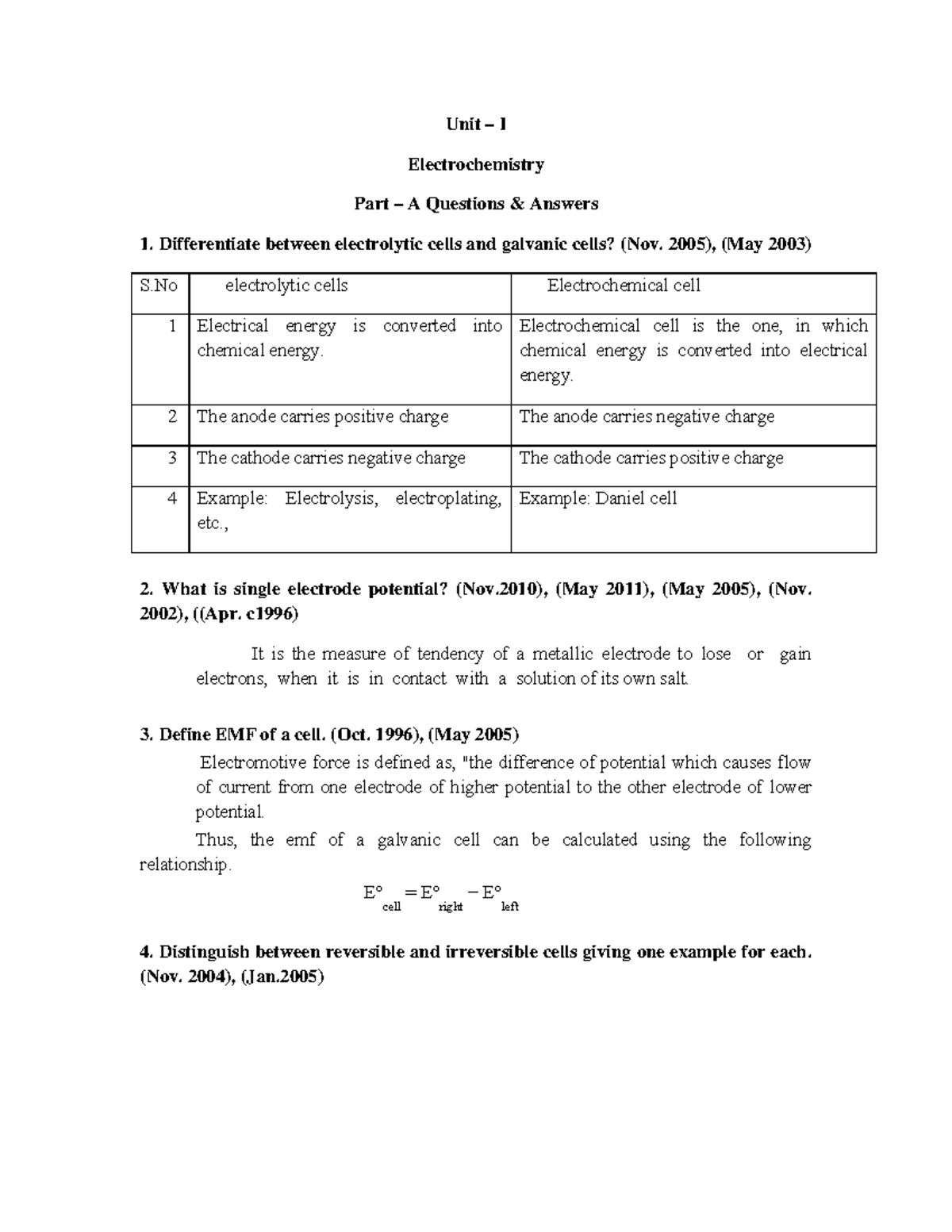 Engineering Chemistry II - Unit – I Electrochemistry Part – A Questions ...