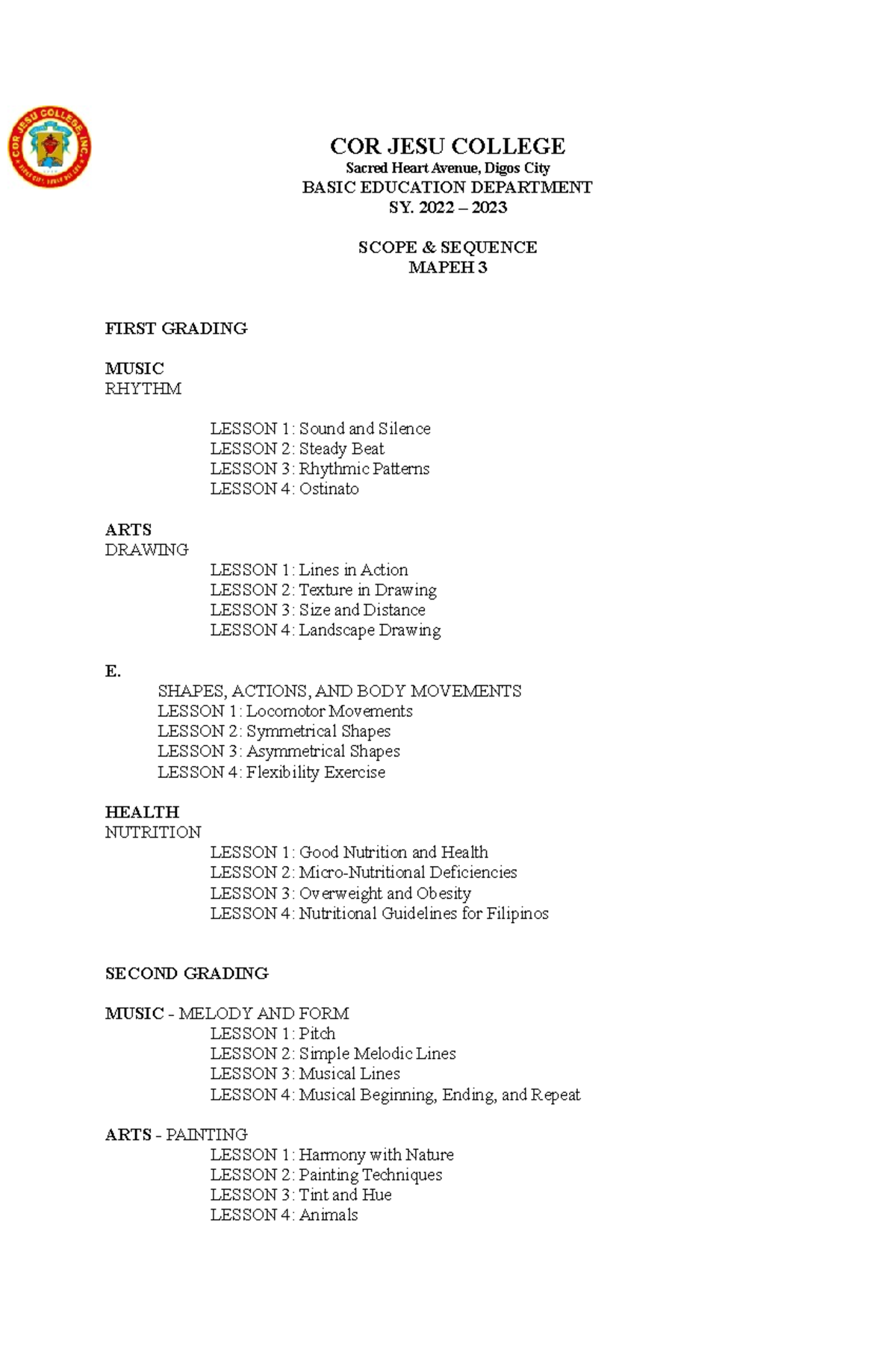 SCOPE AND SEQUENCE - COR JESU COLLEGE Sacred Heart Avenue, Digos City ...