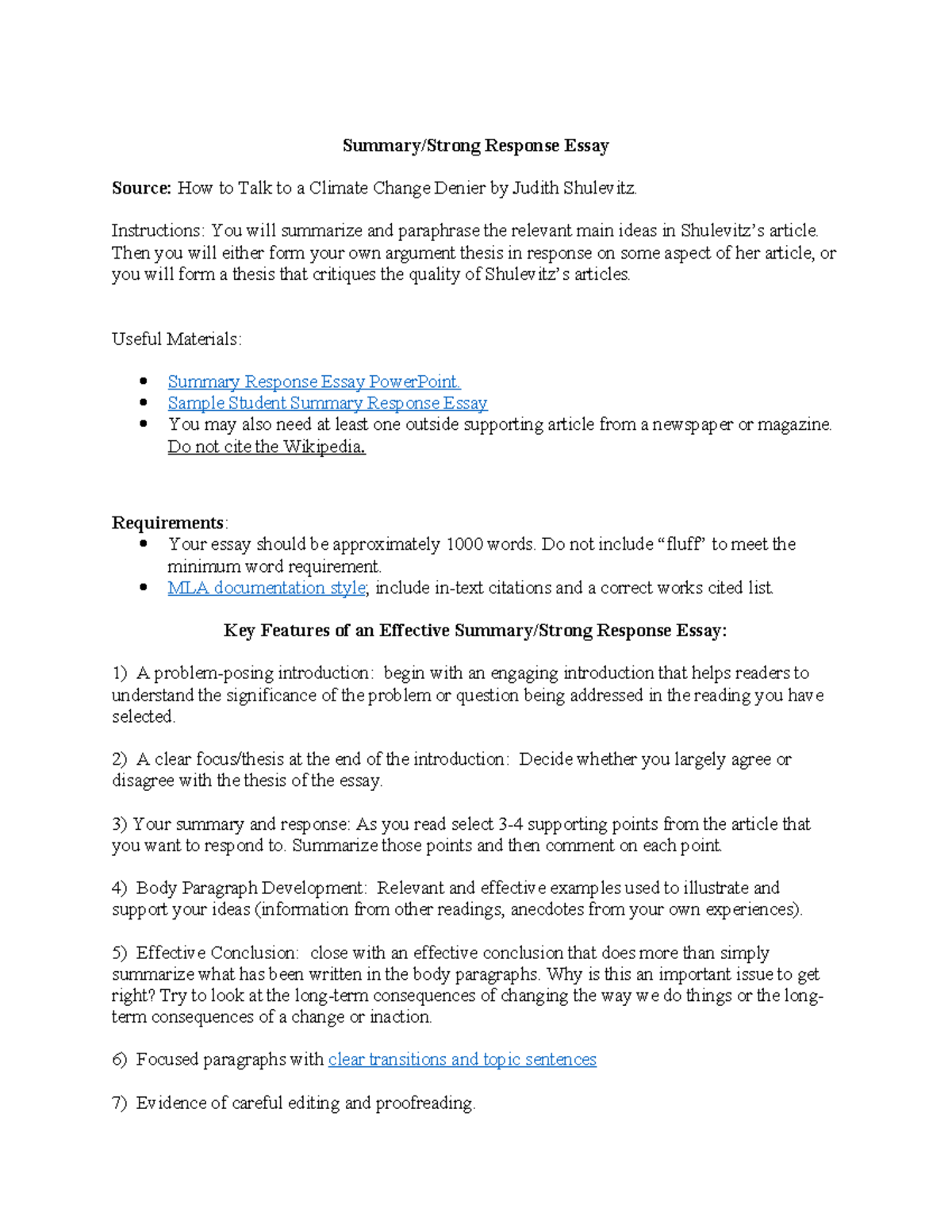 Summary Response Essay Assignment 2024 - Summary/Strong Response Essay ...