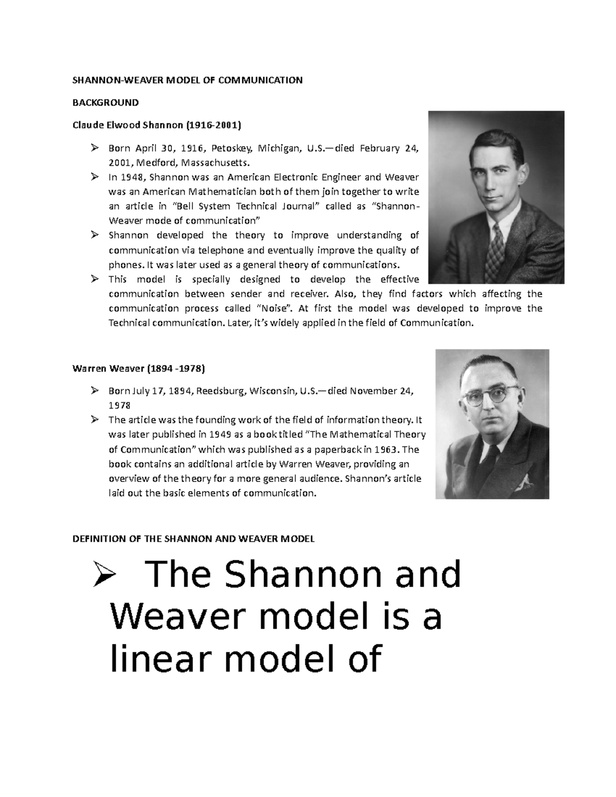 Shannon - COMMUNICATION MODEL - SHANNON-WEAVER MODEL OF COMMUNICATION ...