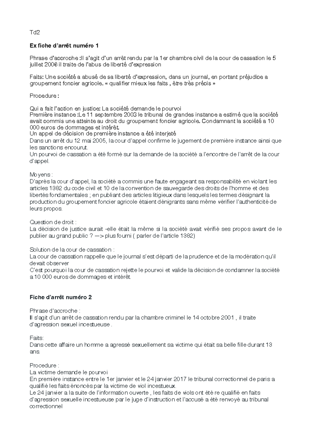 TD 2 fiche d'arret - Td Ex fiche d’arrêt numéro 1 Phrase d’accroche :Il s’agit d’un arrêt rendu ...