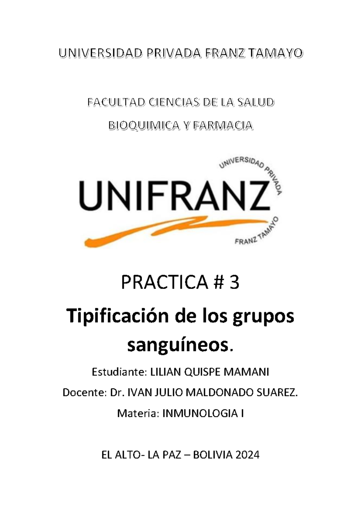 Informe-tipificacion de grupo sanguineo - PRACTICA # 3 Tipificación de los grupos sanguíneos ...