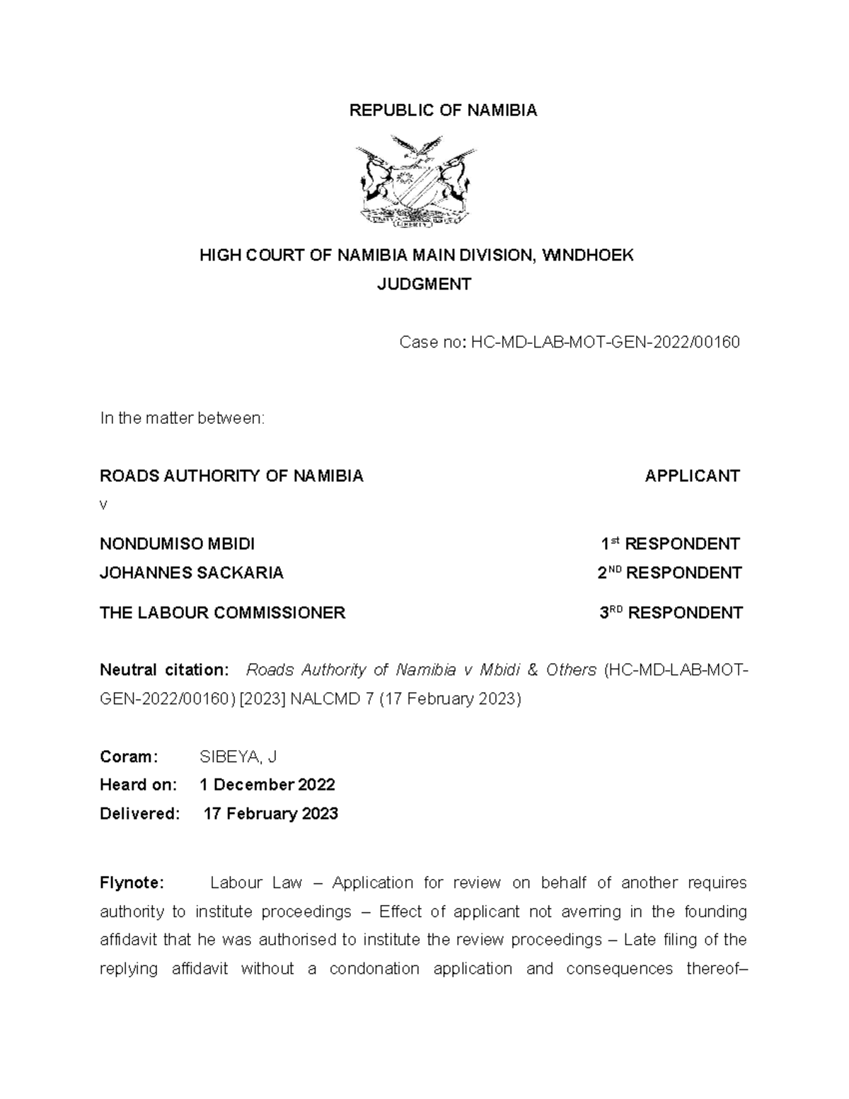 Roads Authority of Namibia v Mbidi and Others (HC-MD-LAB-MOT-GEN-2022 ...