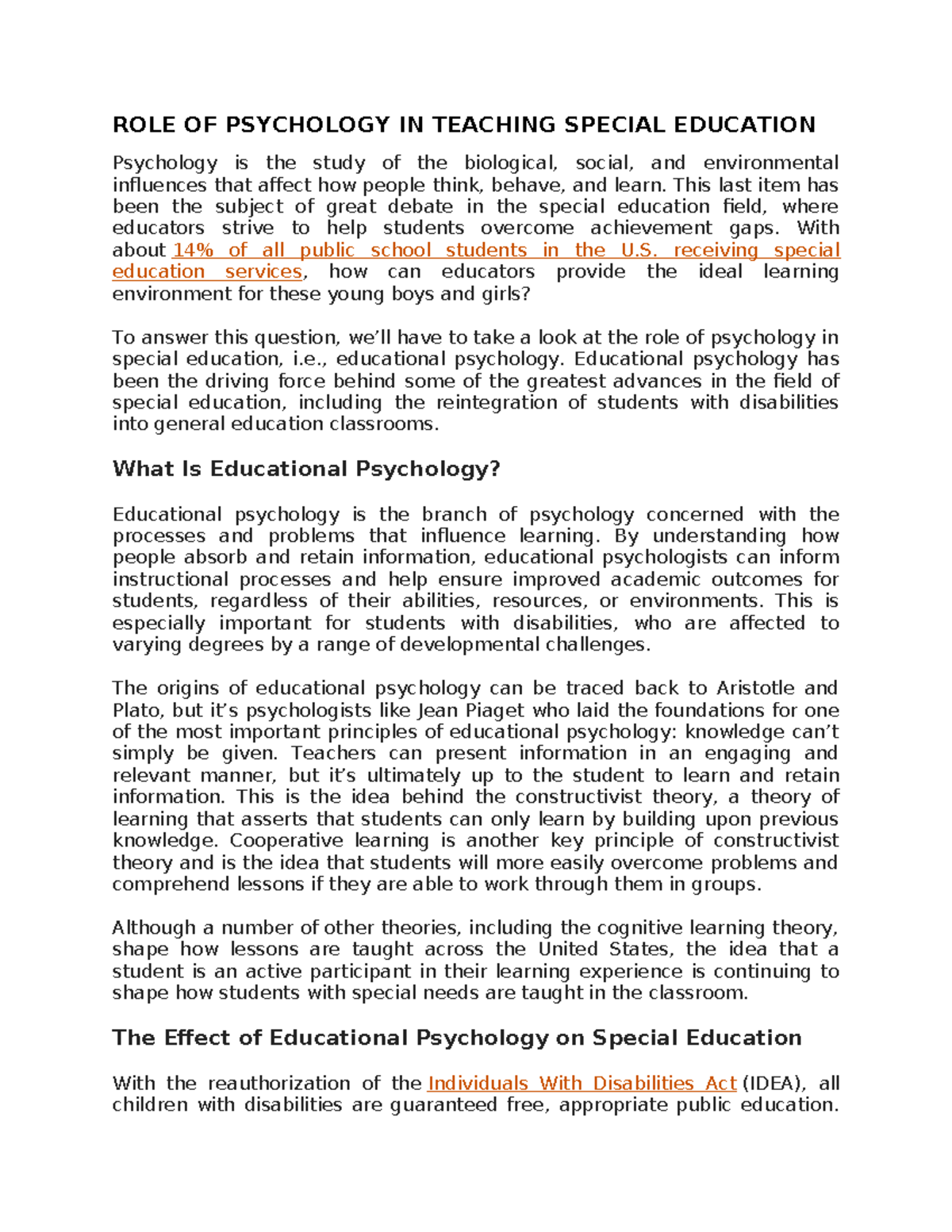 ROLE OF Psychology IN Teaching Special Education - ROLE OF PSYCHOLOGY ...