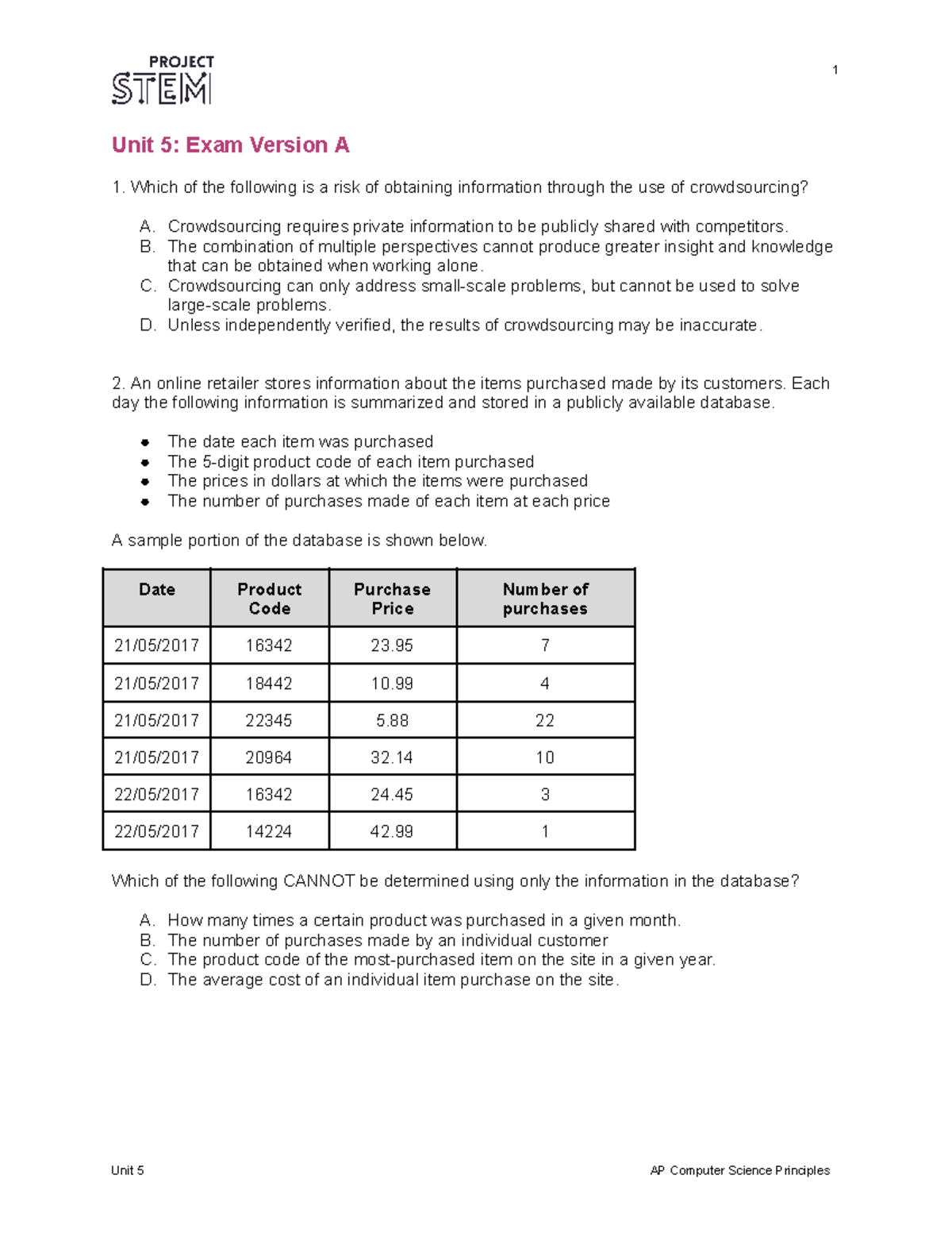 Unit 5 Exam Review - Unit 5: Exam Version A 1. Which of the following ...