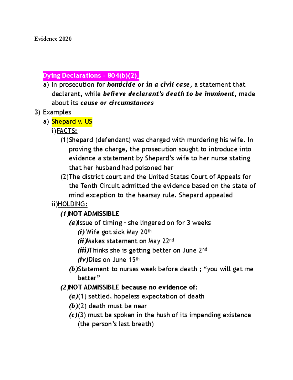 Evidence 2020 Dying Declarations Notes - Evidence 2020 Dying ...