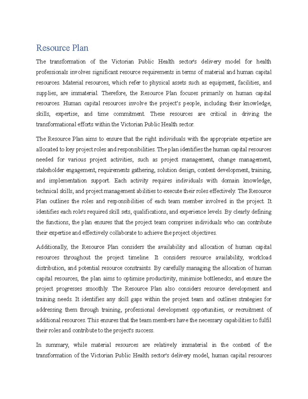 Resource Plan - Resource Plan The transformation of the Victorian ...