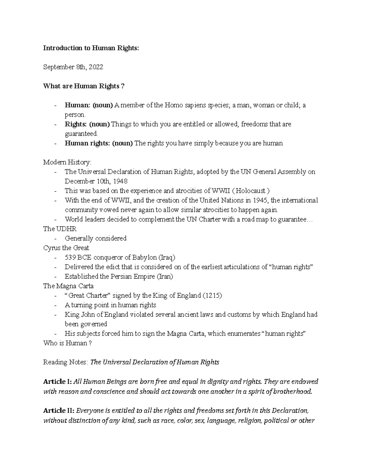 WGS 295L Intro TO HR Notes - Introduction to Human Rights: September ...