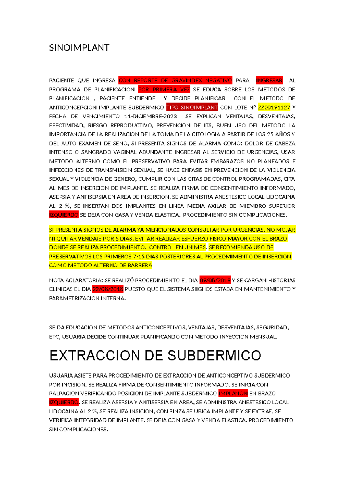 Plantilla Implante Subdermico - SINOIMPLANT PACIENTE QUE INGRESA CON ...