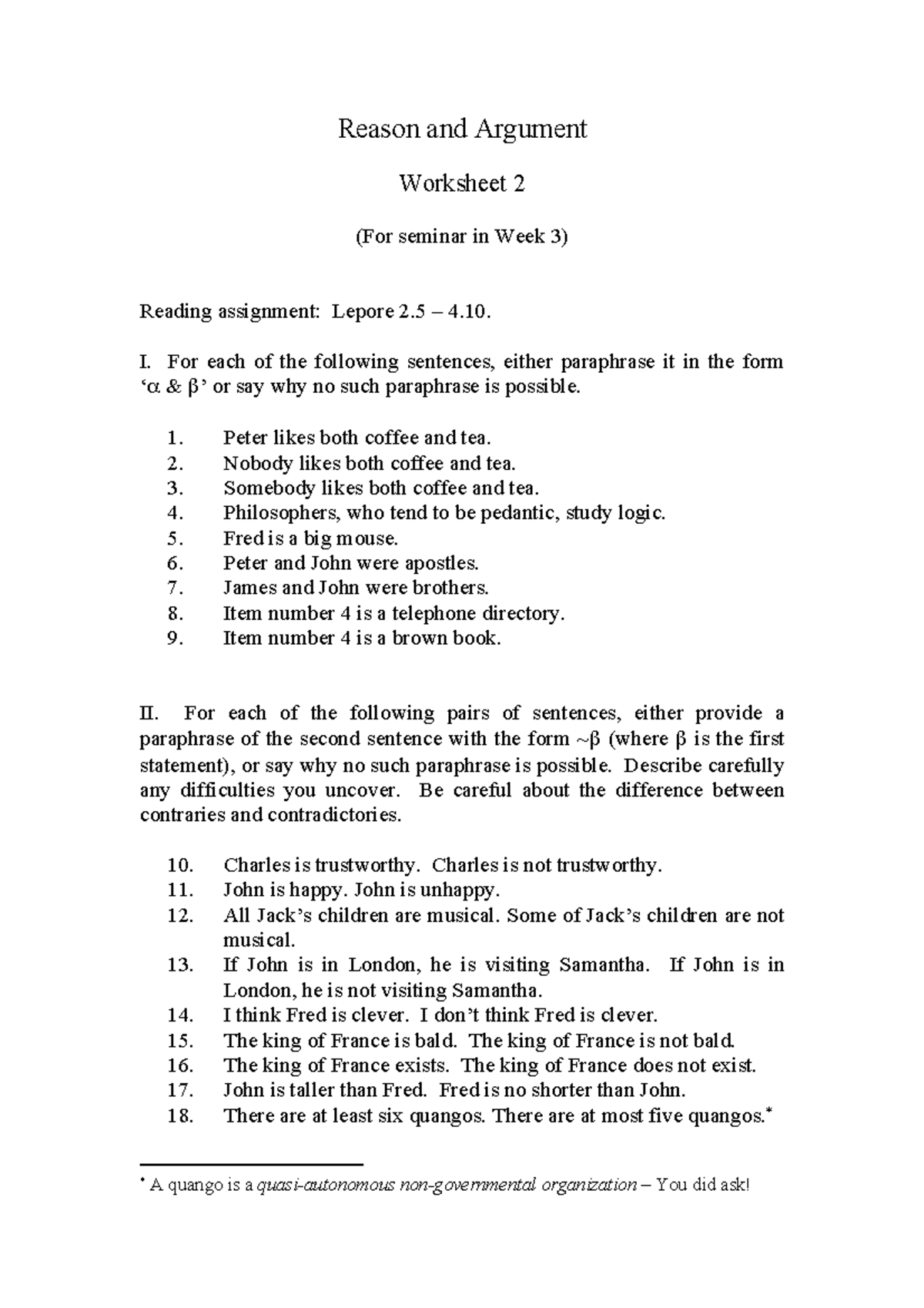 PHI00005 C 2008-2009 Worksheet 2 - Reason and Argument Worksheet 2 (For ...