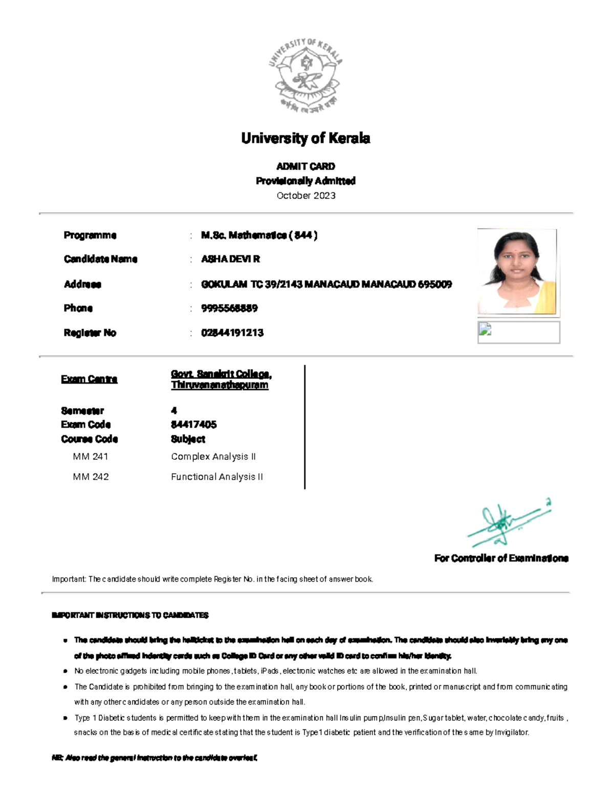 University of Kerala Online Exam Registration Portal - For Controller ...