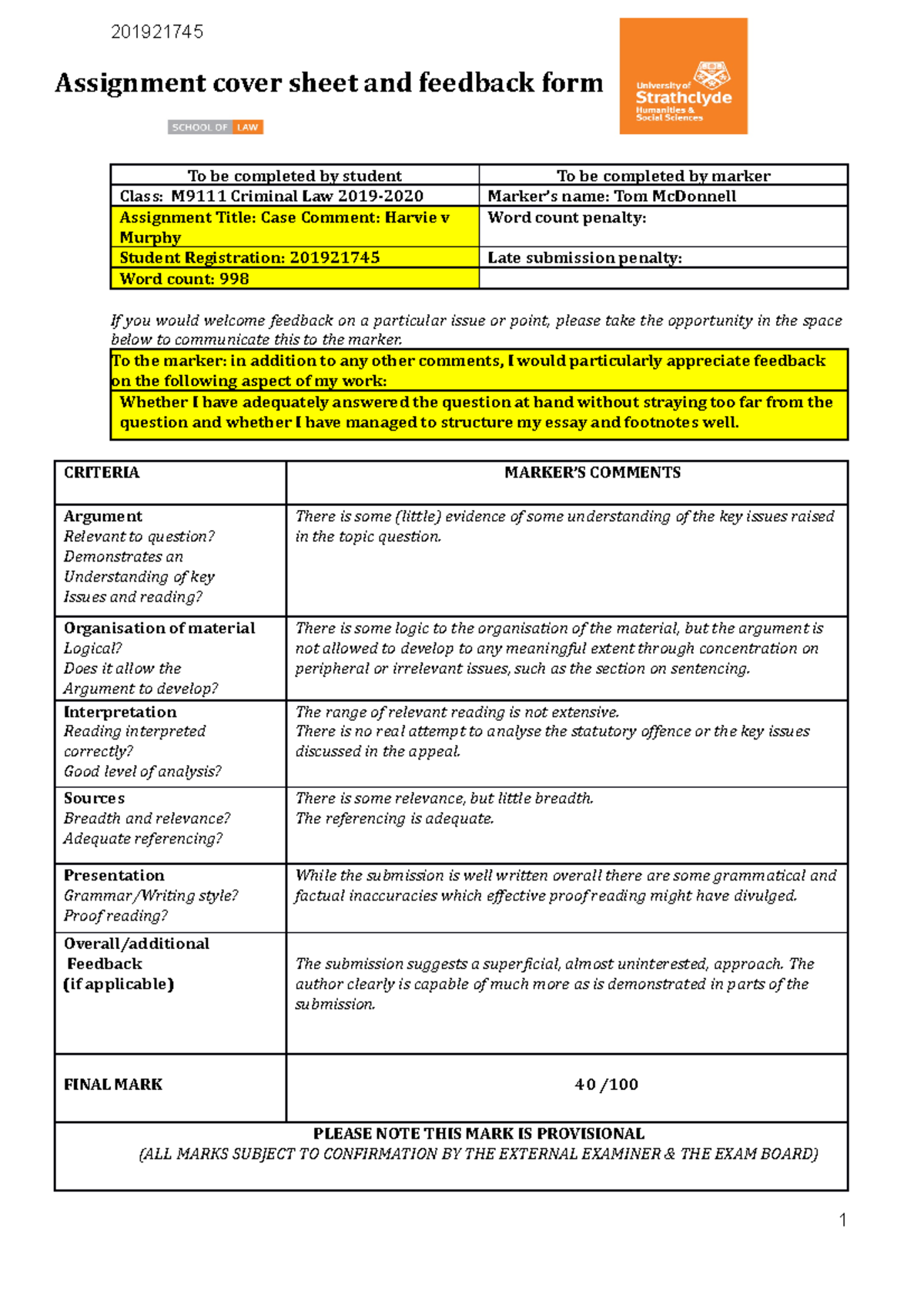 Feedback for bad assignment - Assignment cover sheet and feedback form ...