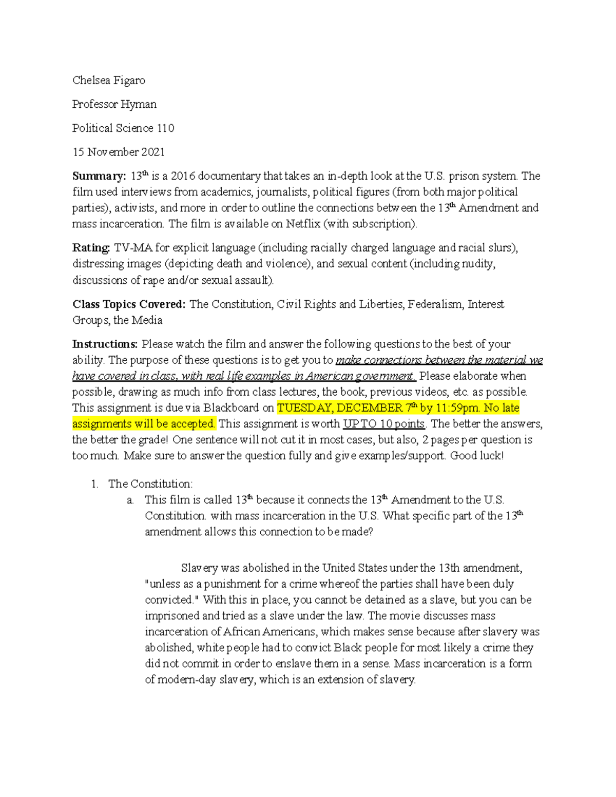 Poli sci 110 - Lecture notes from class - Chelsea Figaro Professor ...