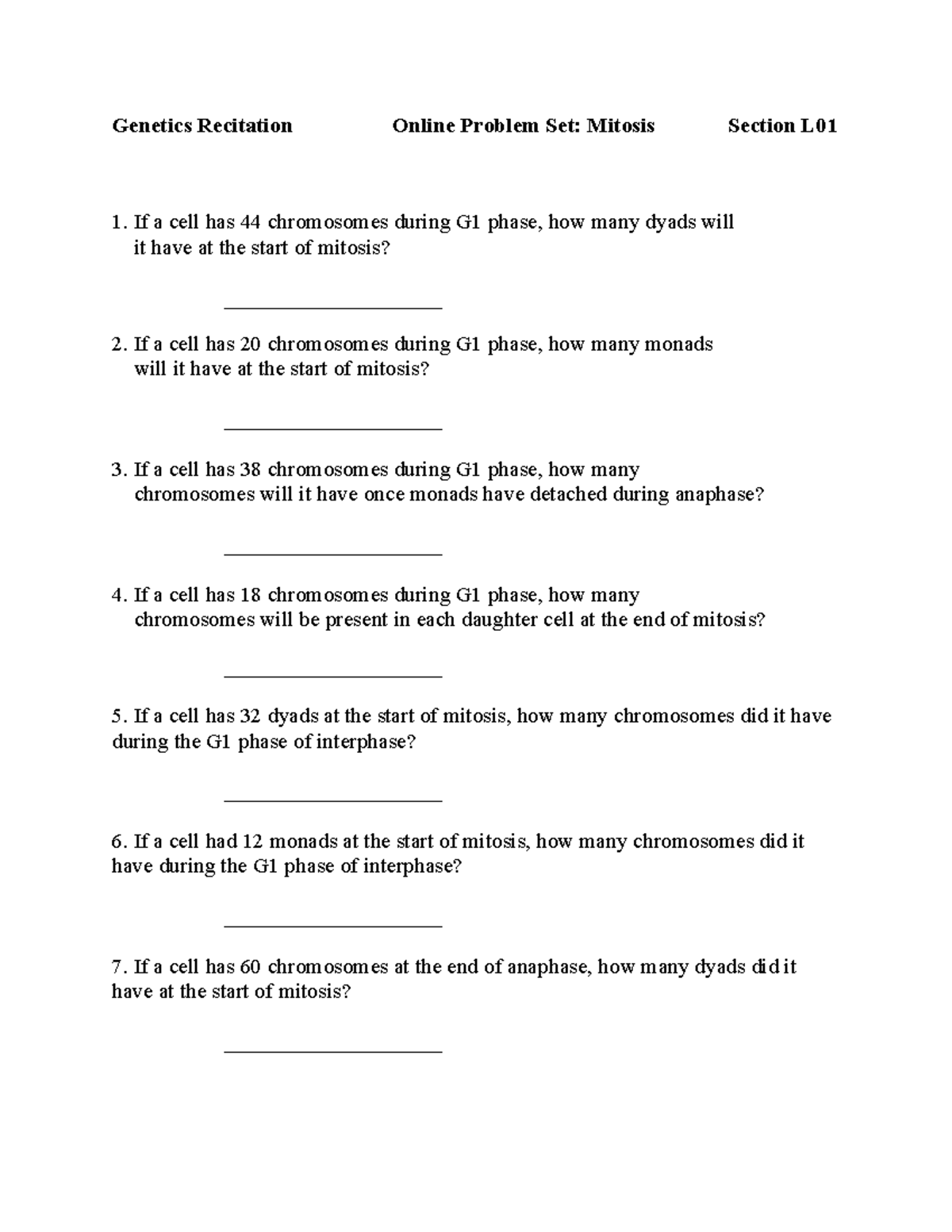 1 Mitosis L01 Online - practice - Genetics Recitation Online Problem ...