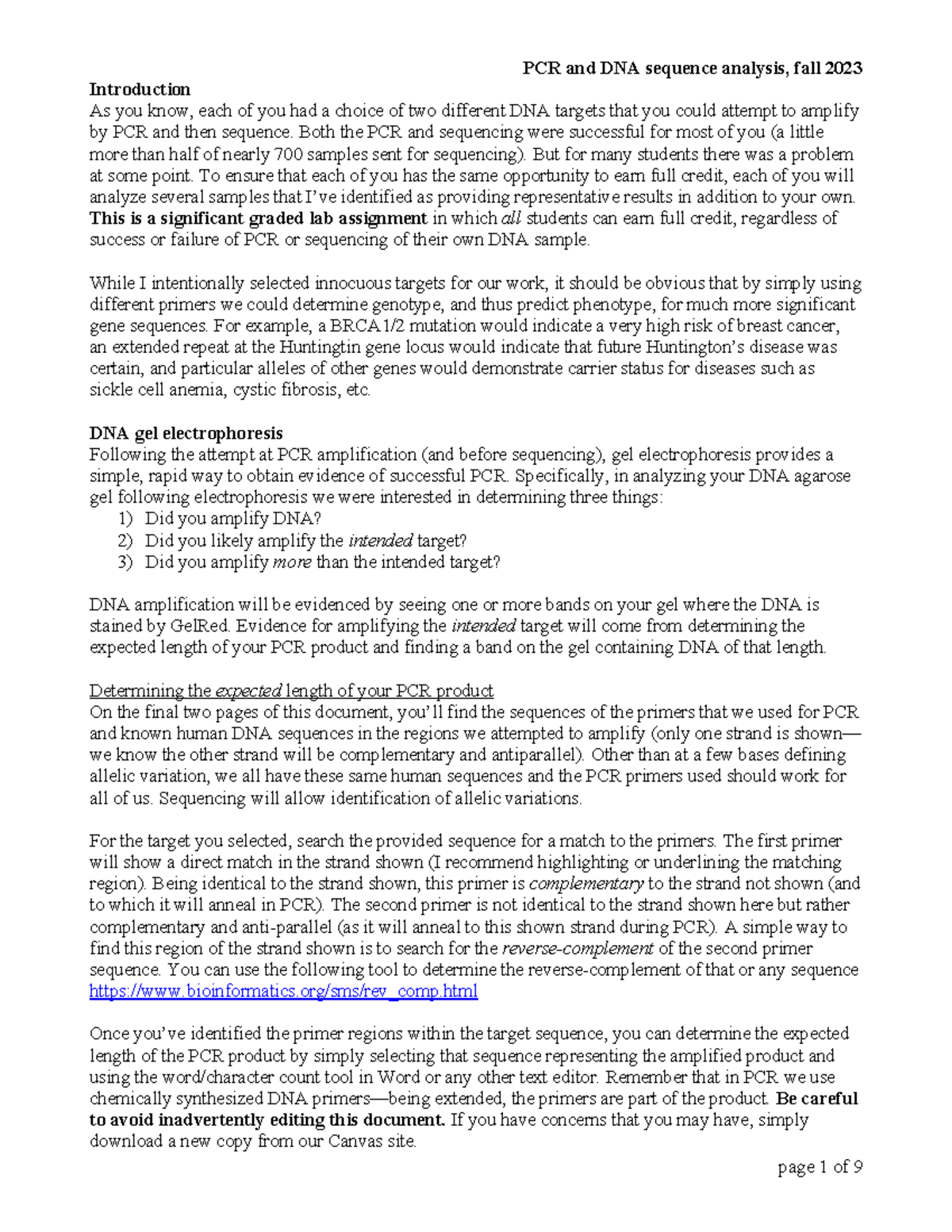 DNA sequence analyses fall 2023 - PCR and DNA sequence analysis, fall ...