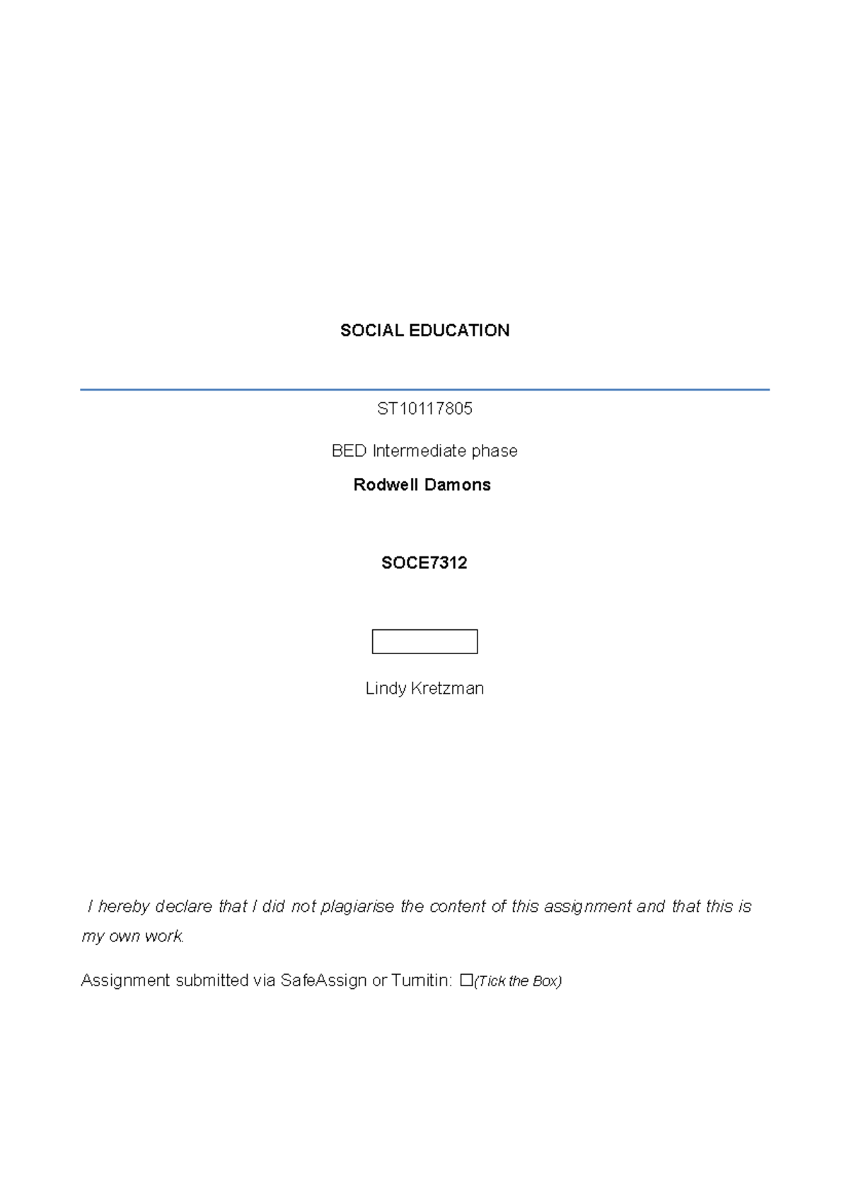 Stephan Keys 3rd year 2 - Obtain 80% for this POE - SOCIAL EDUCATION ST ...