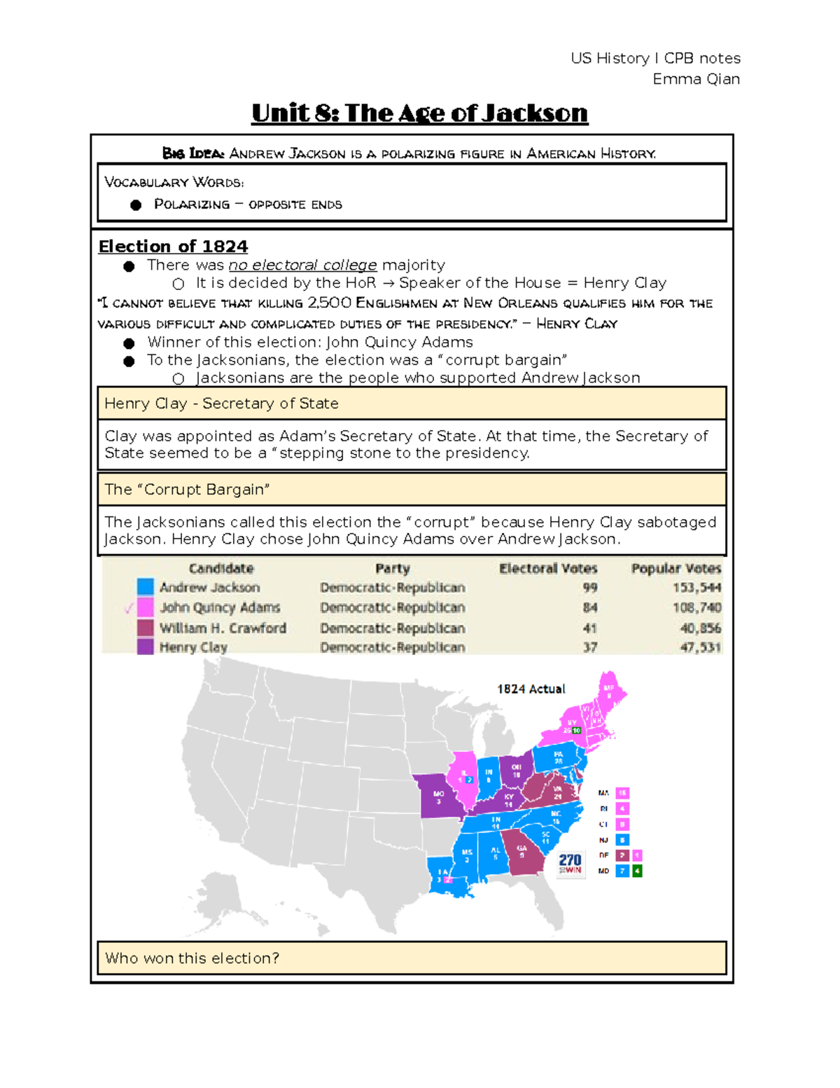 US History I CPB Unit 8 The Age of Jackson - Emma Qian Unit 8 : The Age ...