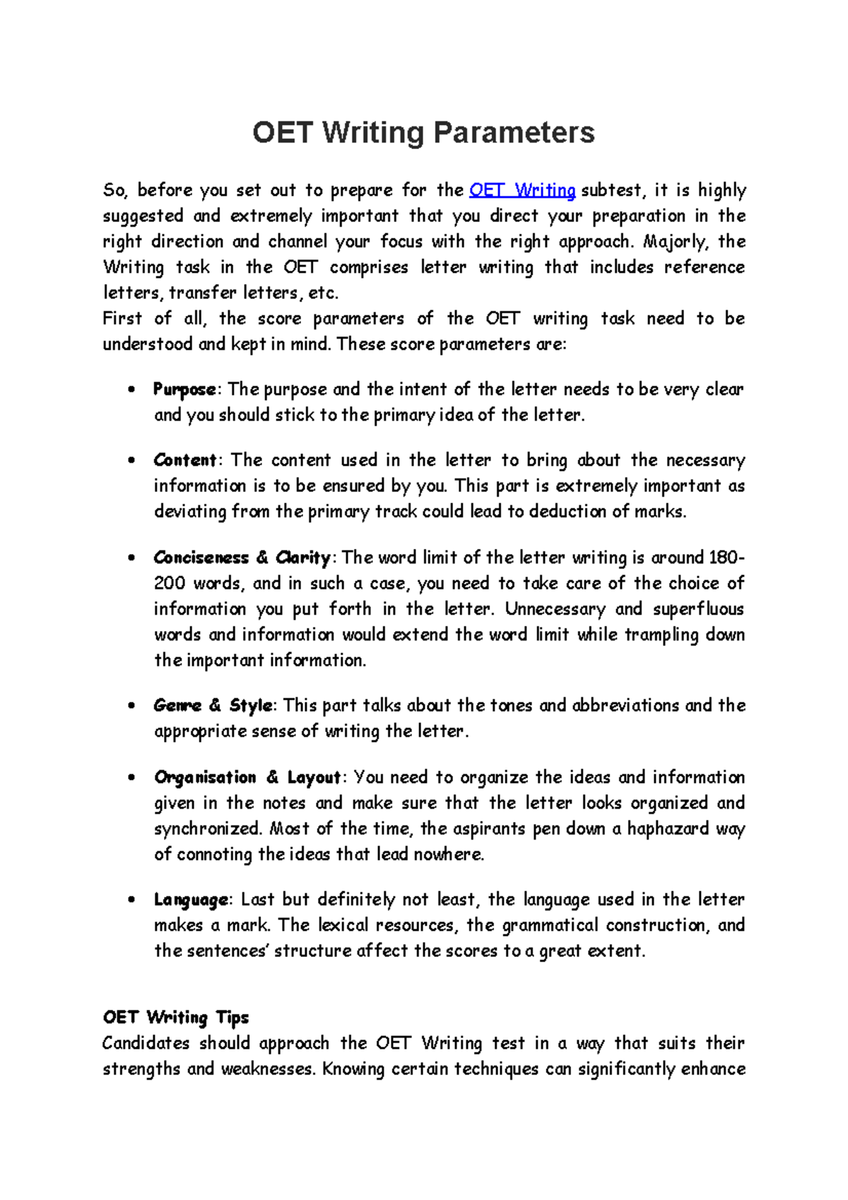 OET Writing Parameters - Majorly, the Writing task in the OET comprises letter writing that ...
