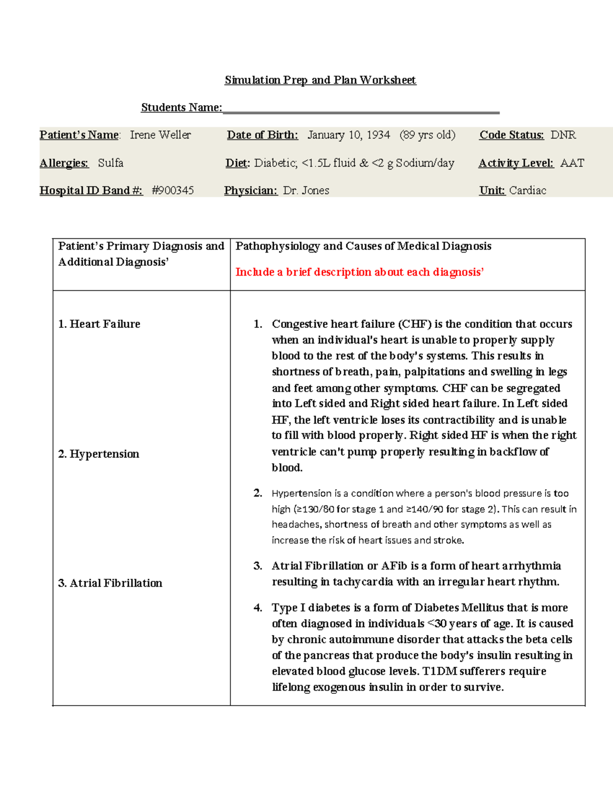 Simulation Scenario Case #1 - Prep and Plan Worksheet (Irene Weller ...