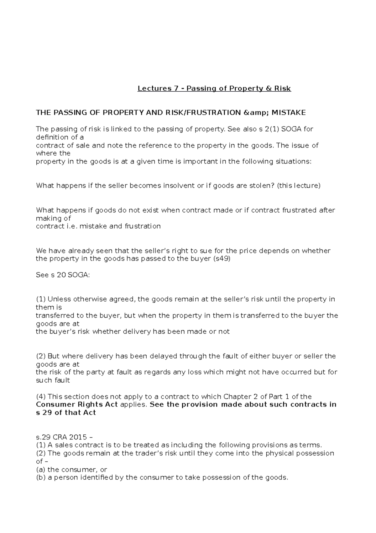 Passing Of Property Lecture 7 Lectures 7 Passing Of Property And Risk The Passing Of Property