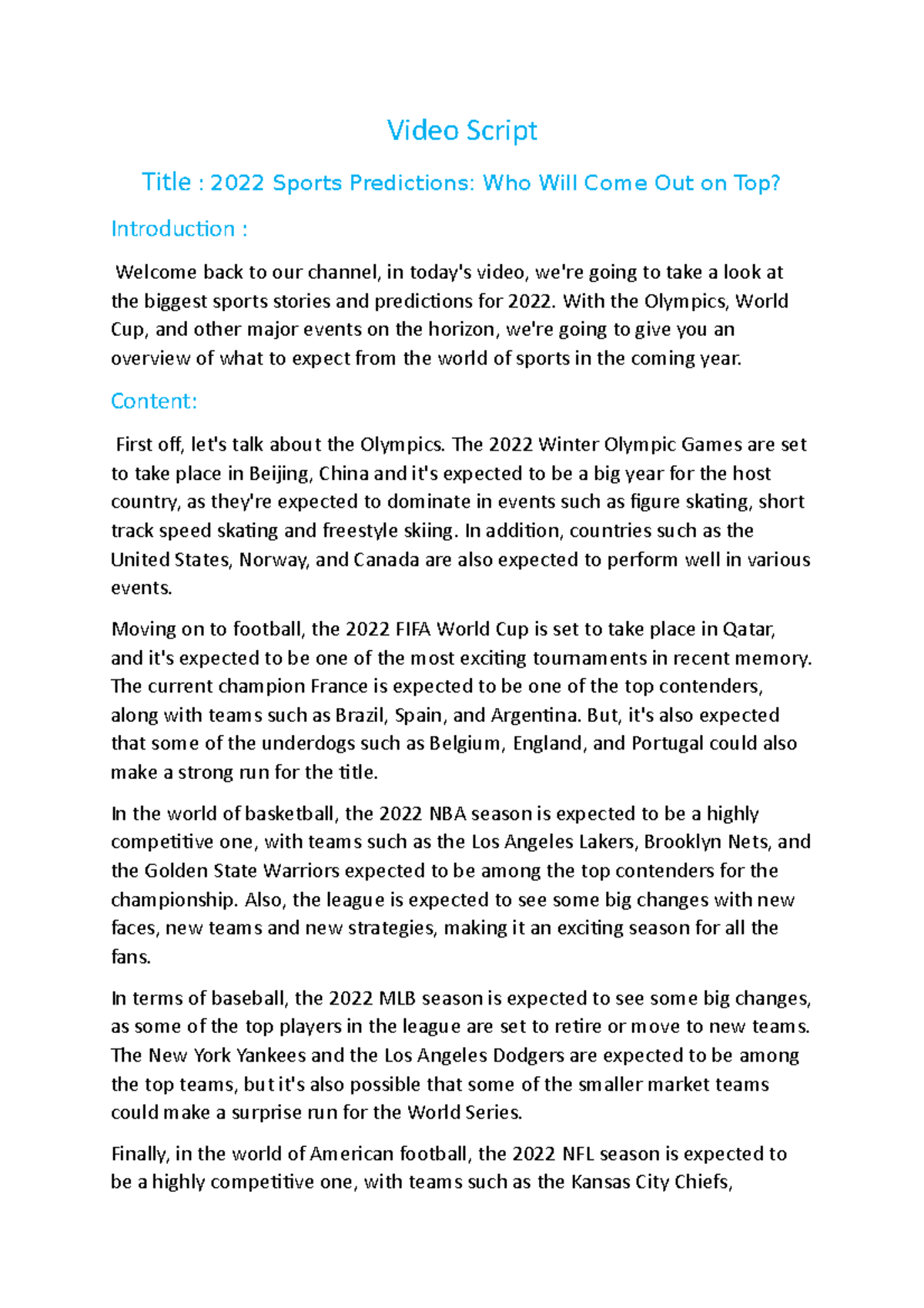 Video Script sport - Video Script Title : 2022 Sports Predictions: Who ...
