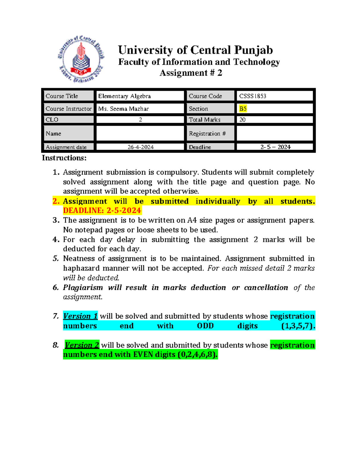 A2 B5 - math - University of Central Punjab Faculty of Information and ...