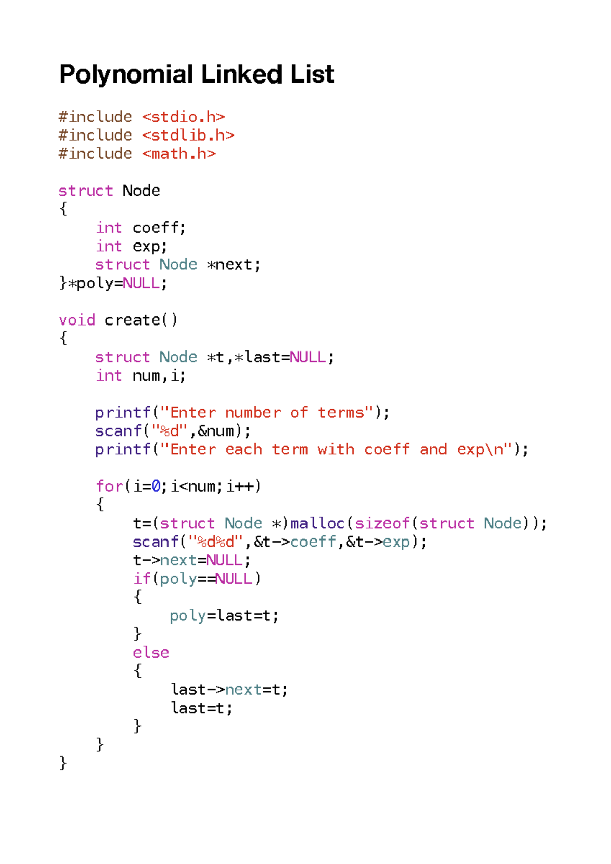 96 - linked lists - Polynomial Linked List #include #include #include - Studocu