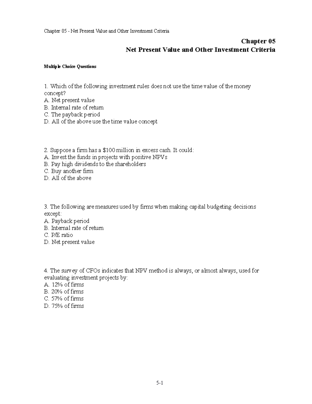 Chap005 - Test bank - Chapter 05 Net Present Value and Other Investment ...
