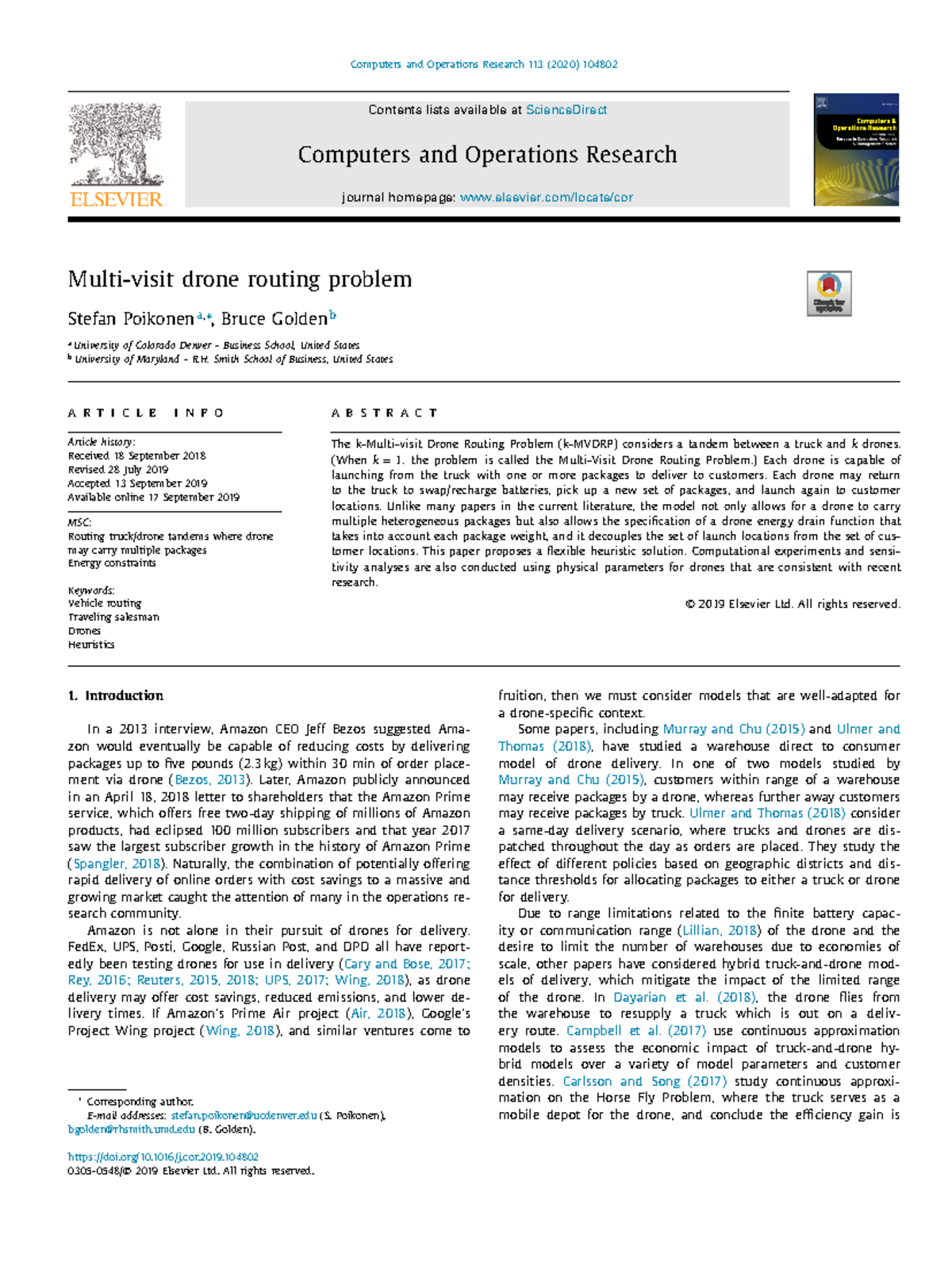 Multi Visit Drone Routing Problem Computers And Operations Research 113 2020 104802 Contents