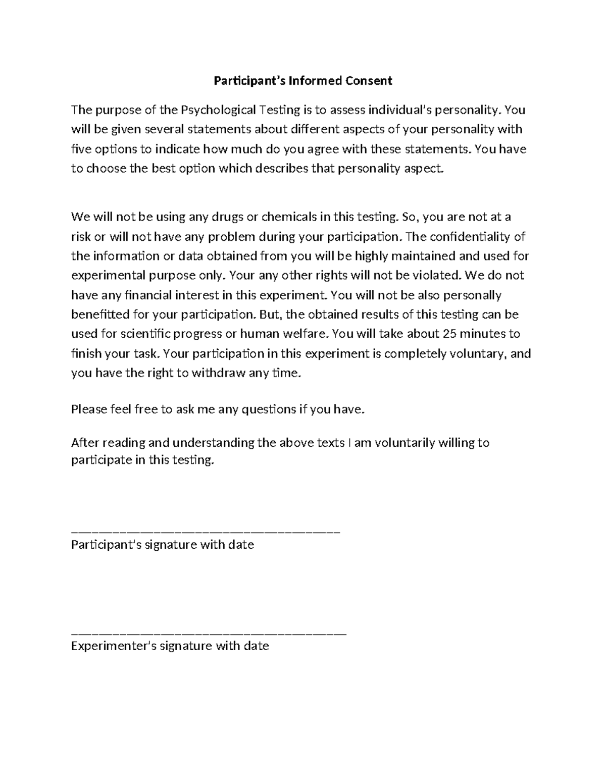 Consent+form - For study purpose - Participant’s Informed Consent The ...