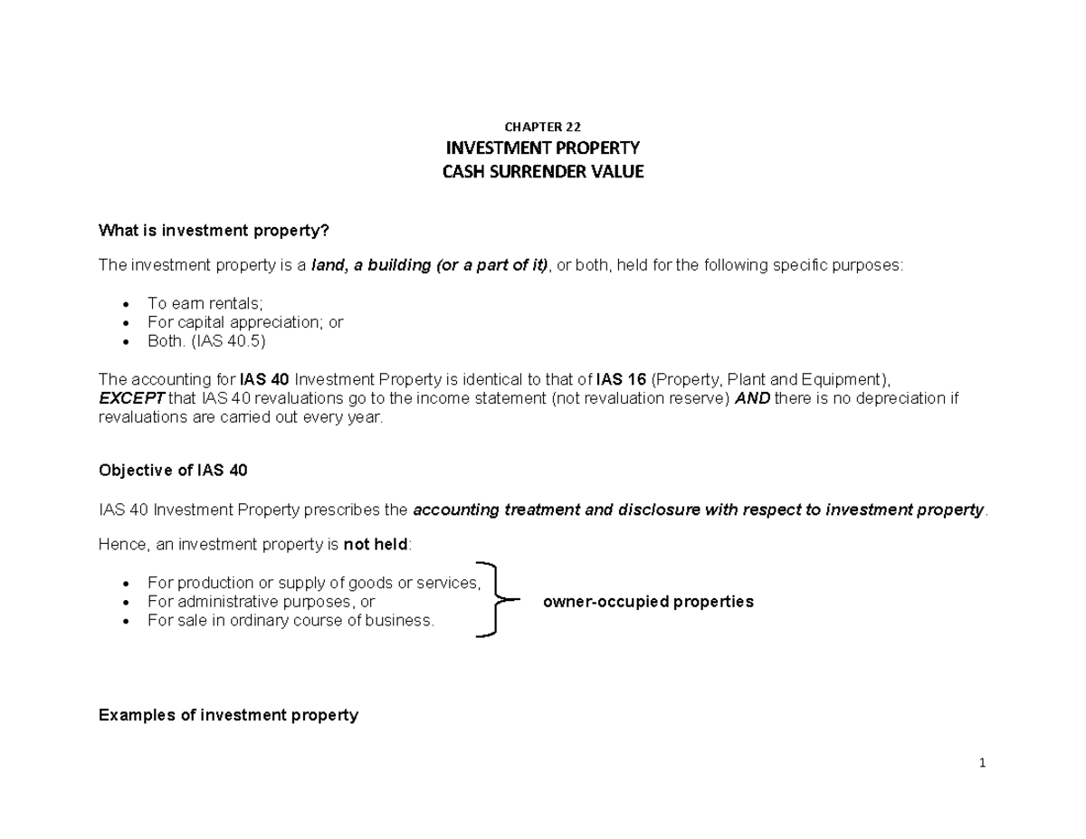 Property investments - CHAPTER 22 INVESTMENT PROPERTY CASH SURRENDER ...