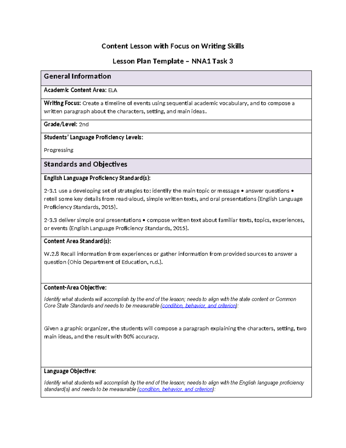 Lesson Plan Template - NNA1 Task 3 - Content Lesson with Focus on ...