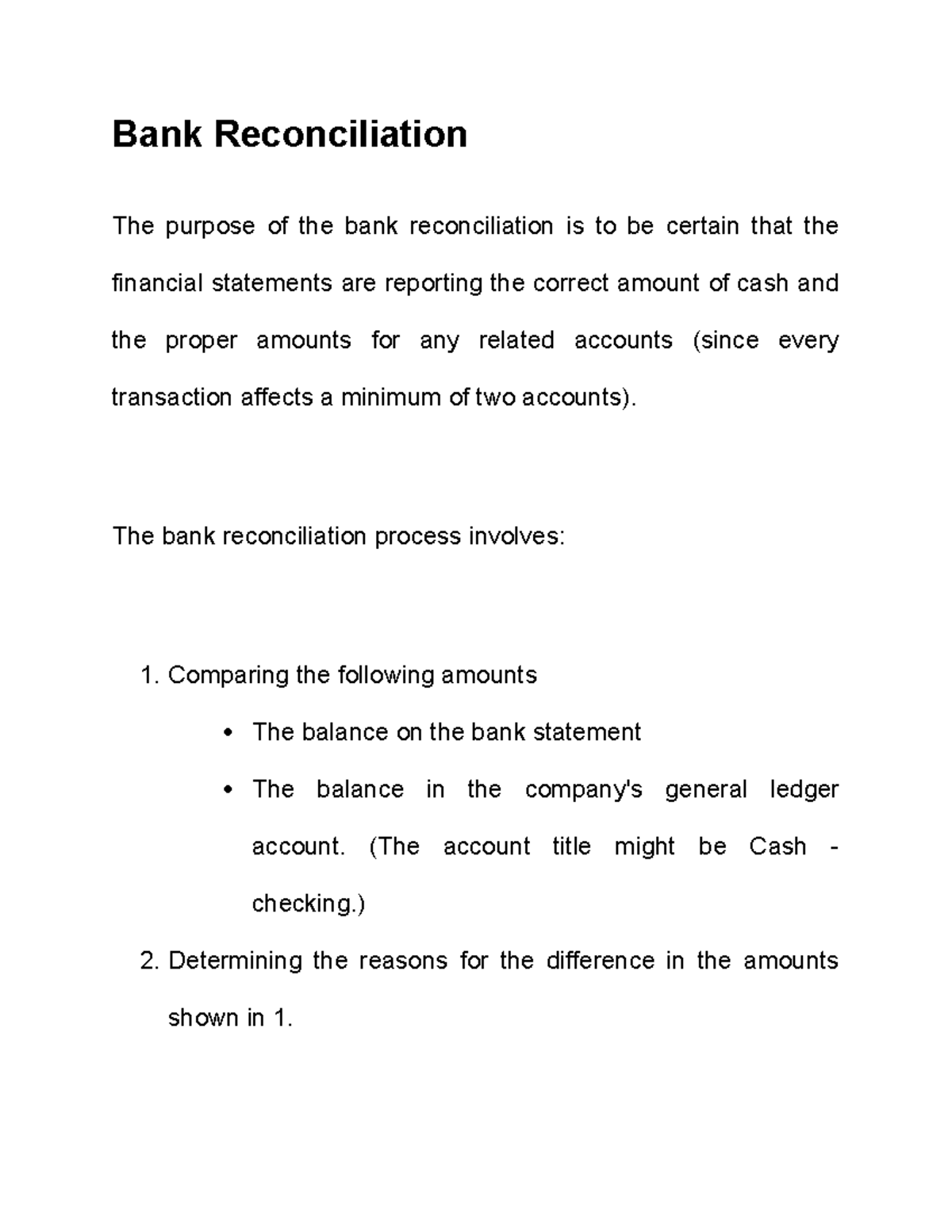 Bank Reconciliation - Basic Accounting - Bank Reconciliation The ...