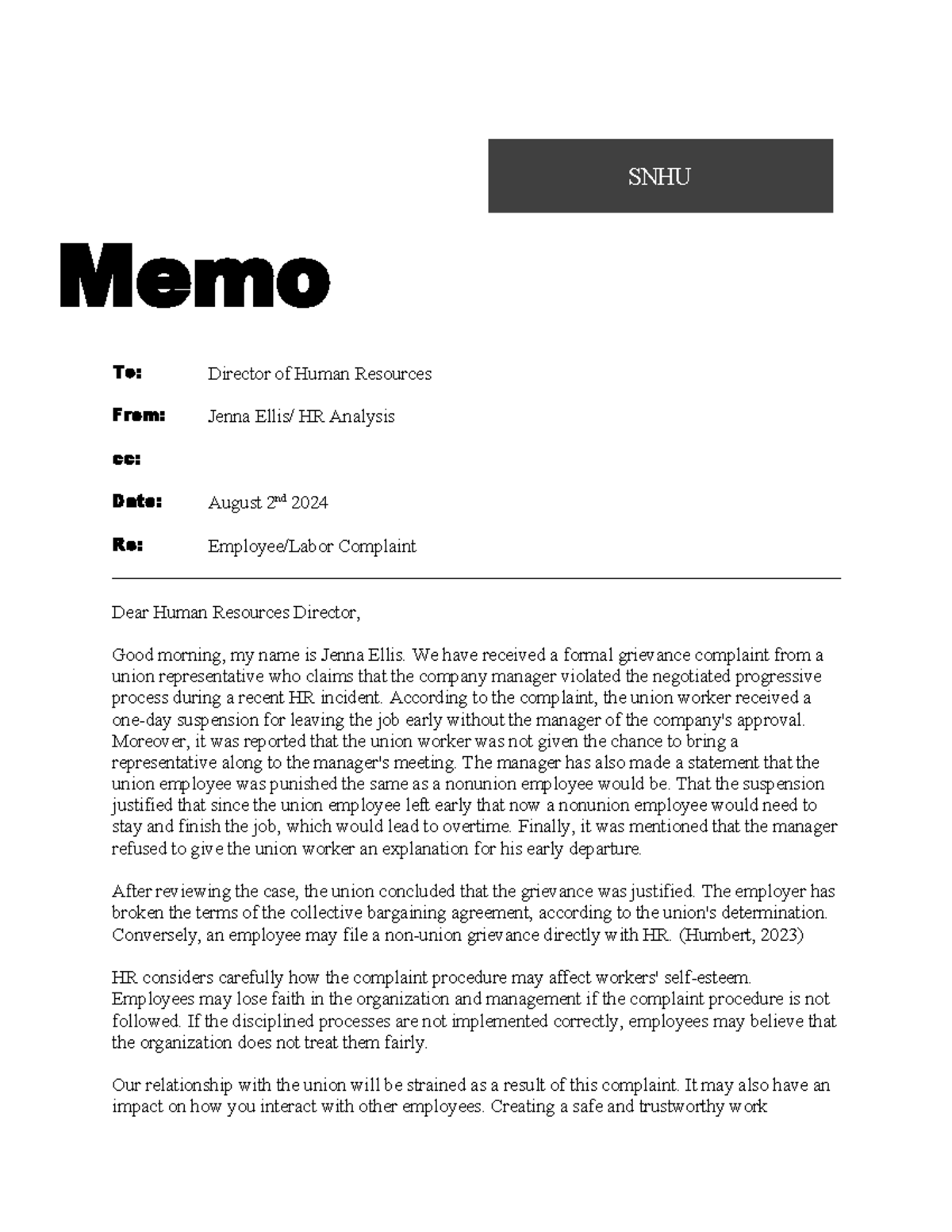 HRM 310 Module 5-1 - I received an A on this assignment/ - SNHU Memo To ...