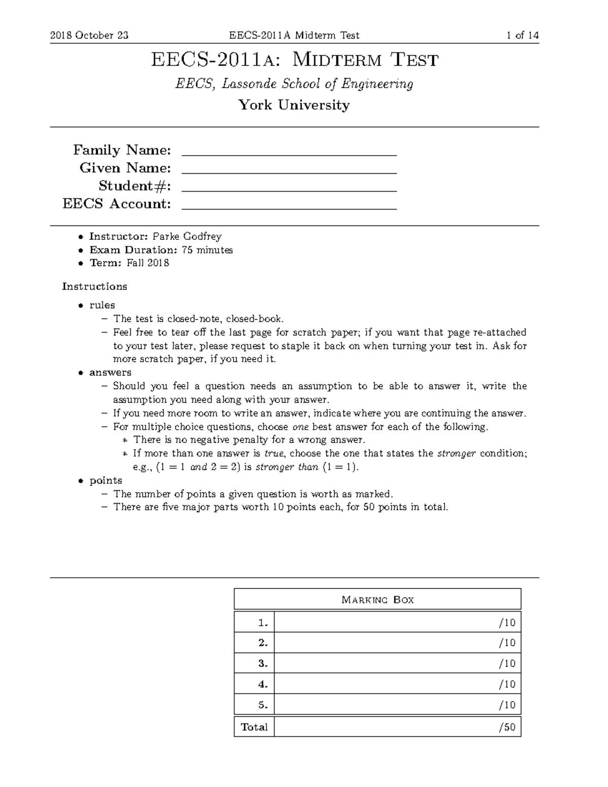 test answers questions and exams solutions - EECS-2011a: Midterm Test ...